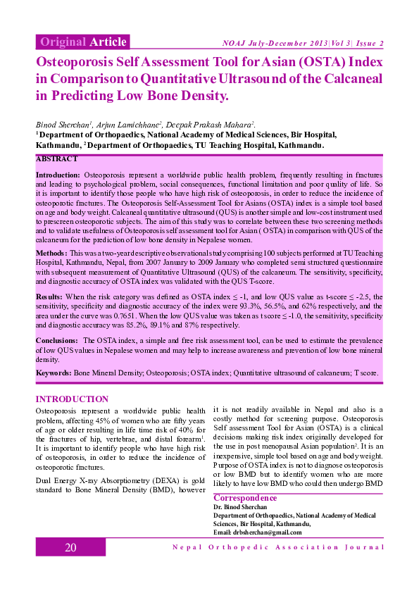 (PDF) Osteoporosis Self Assessment Tool for Asian (OSTA) Index in ...
