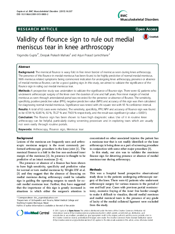 (PDF) Validity of flounce sign to rule out medial meniscus tear in knee ...