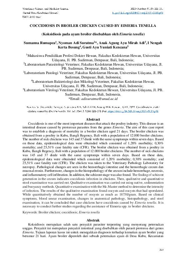(PDF) Coccidiosis in Broiler Chicken Caused by Eimeria Tenella