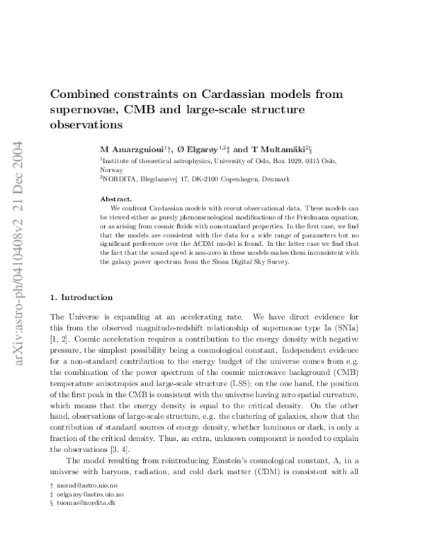 (PDF) Combined constraints on Cardassian models from supernovae, cosmic ...