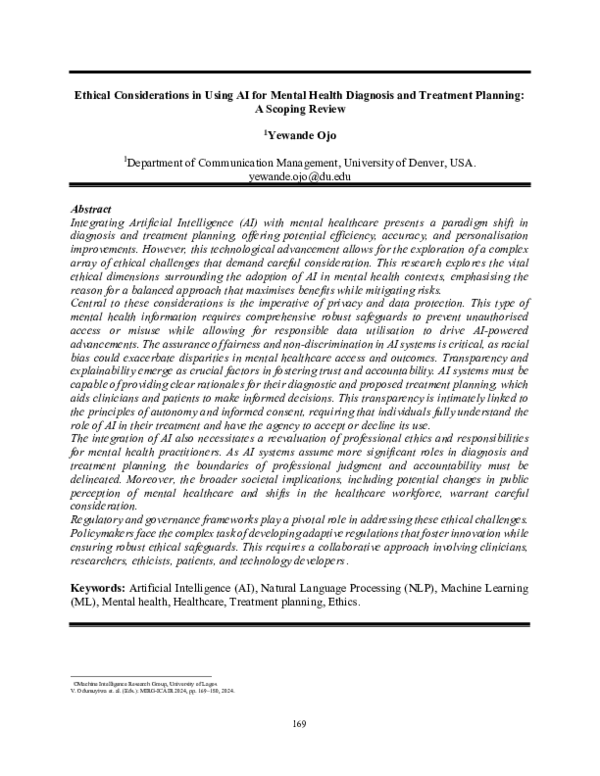 (PDF) Ethical Considerations in Using AI for Mental Health Diagnosis and Treatment Planning: A ...