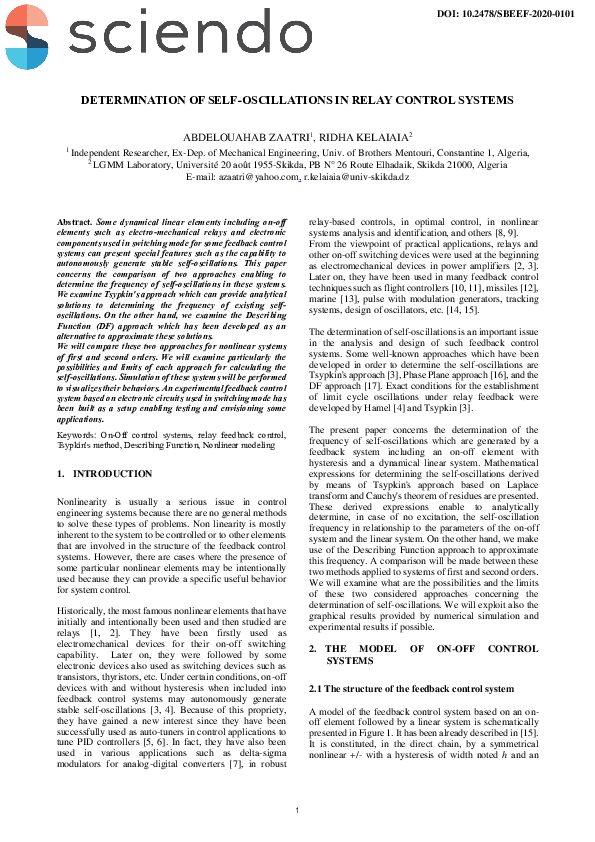 (PDF) Determination of Self-Oscillations in Relay Control Systems