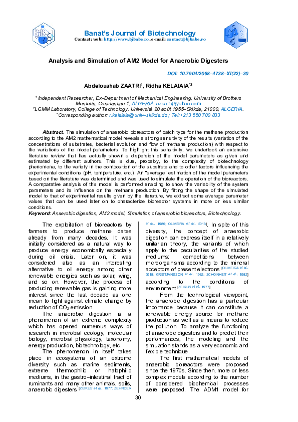 (PDF) Analysis and Simulation of AM2 Model for Anaerobic Digesters