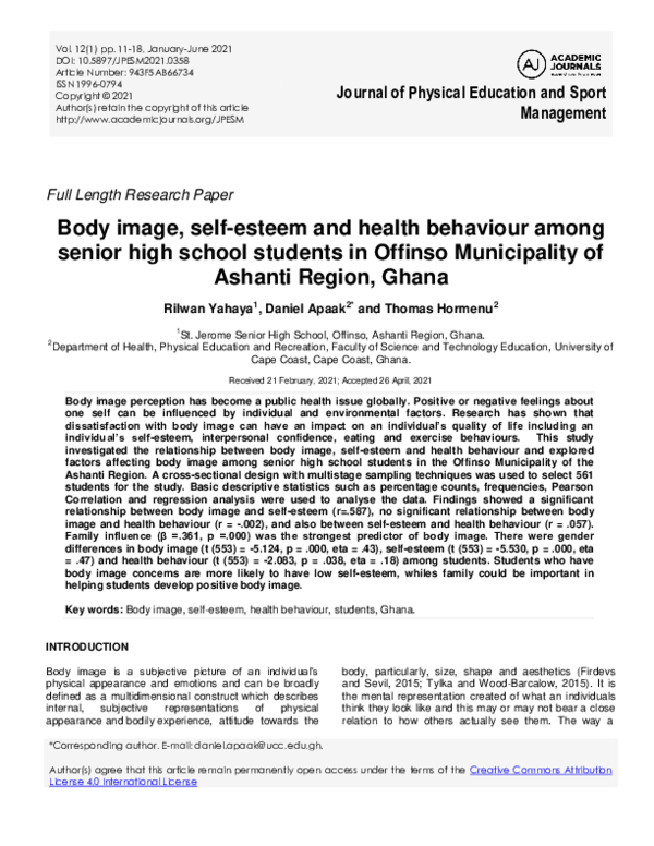 (PDF) Body image, self-esteem and health behaviour among senior high school students in Offinso ...