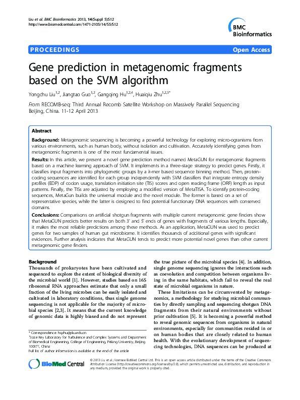 (PDF) Gene prediction in metagenomic fragments based on the SVM algorithm