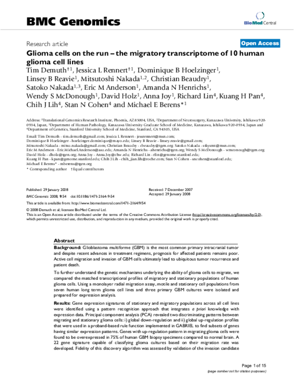 (PDF) Glioma cells on the run – the migratory transcriptome of 10 human ...