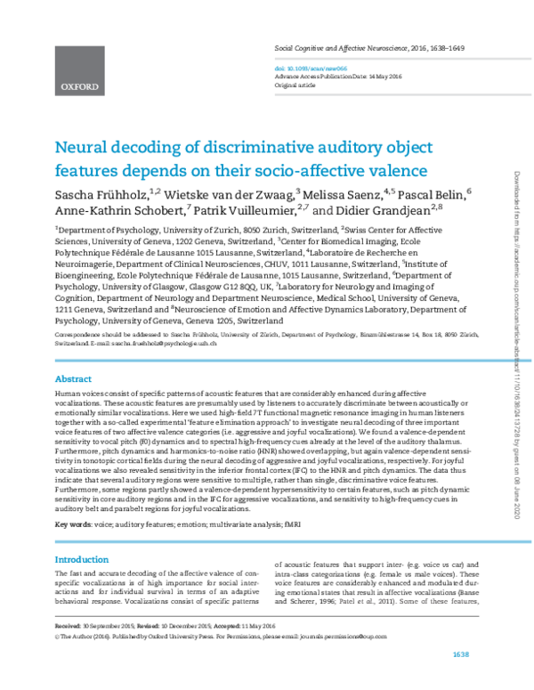 (PDF) Neural decoding of discriminative auditory object features depends on their socio ...