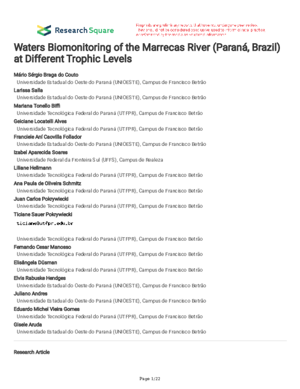 (PDF) Waters Biomonitoring of the Marrecas River (Paraná, Brazil) at ...