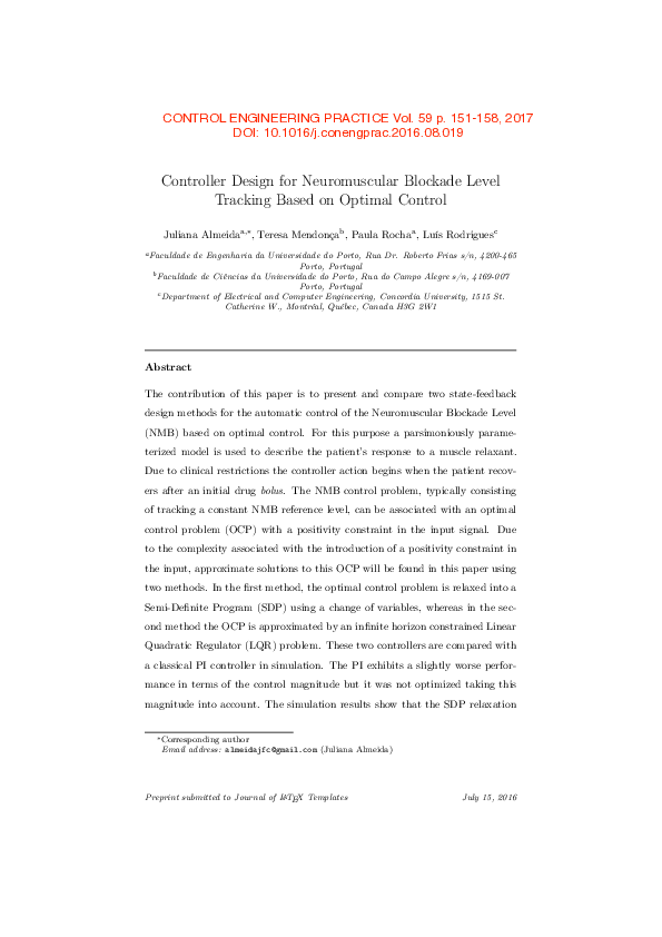 (PDF) Controller design for neuromuscular blockade level tracking based on optimal control