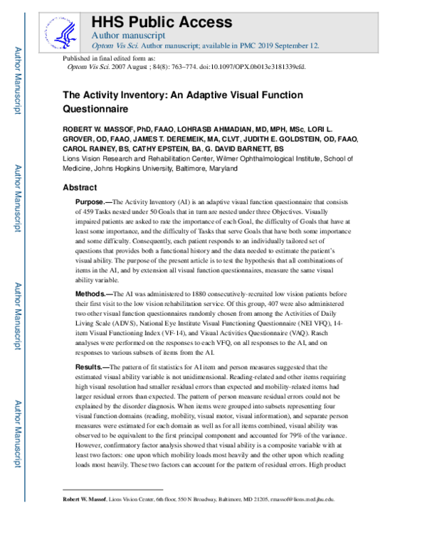 (PDF) The Activity Inventory: An Adaptive Visual Function Questionnaire