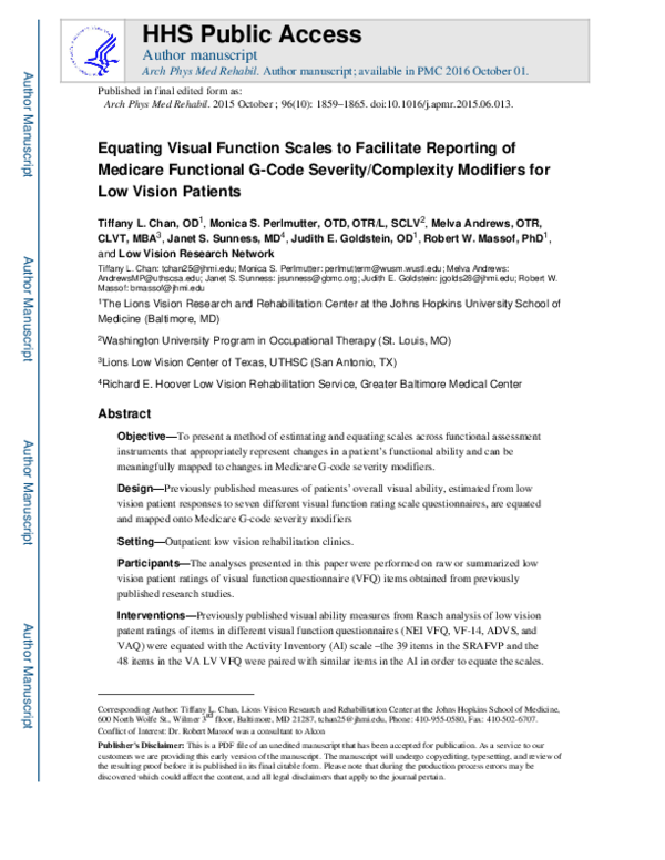 (PDF) Equating Visual Function Scales to Facilitate Reporting of ...