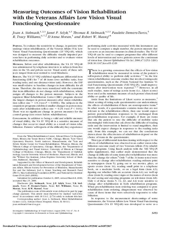 (PDF) Measuring Outcomes of Vision Rehabilitation with the Veterans ...