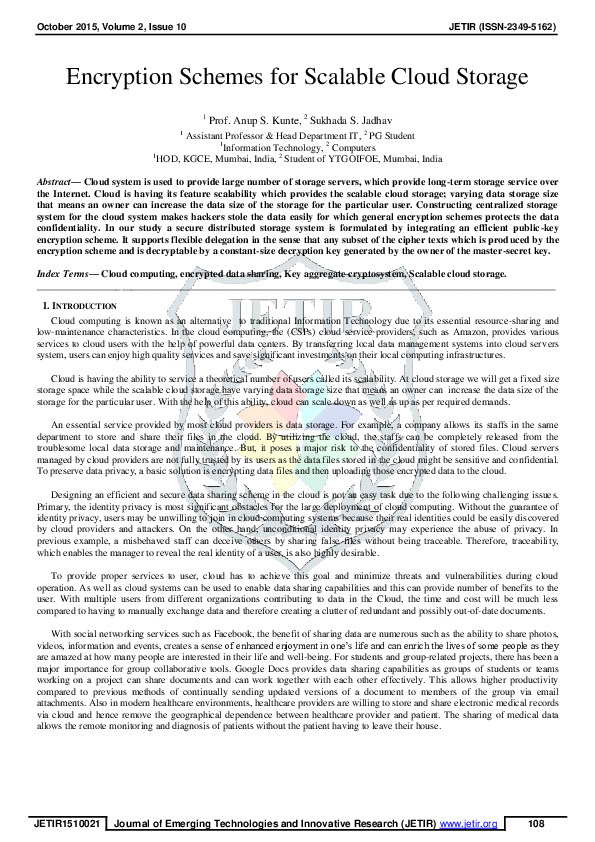 (PDF) Encryption Schemes for Scalable Cloud Storage