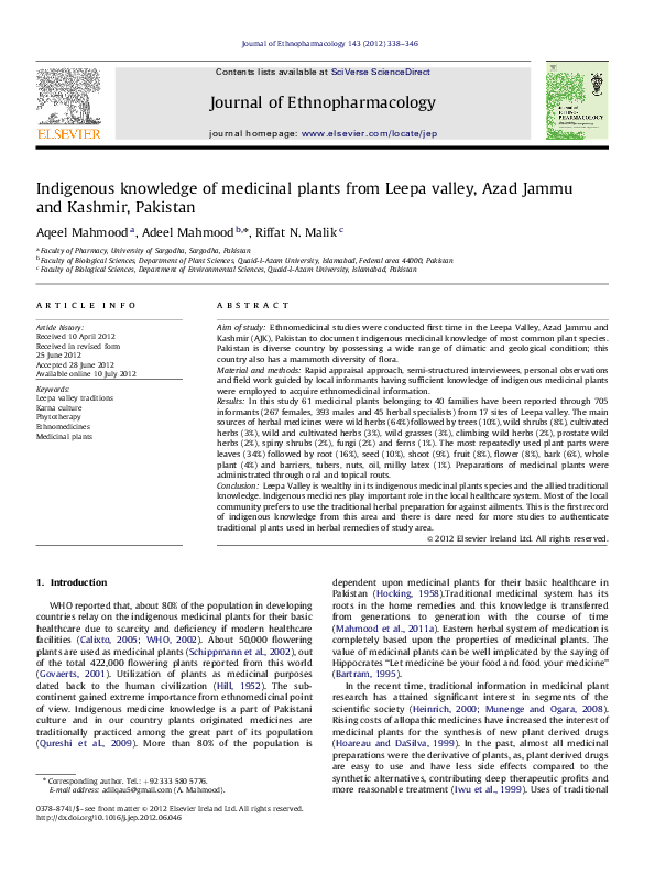 (PDF) Indigenous knowledge of medicinal plants from Leepa valley, Azad ...