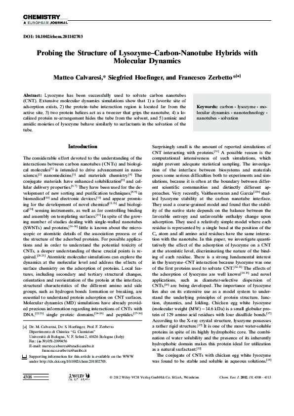 (PDF) Probing the Structure of Lysozyme–Carbon‐Nanotube Hybrids with Molecular Dynamics