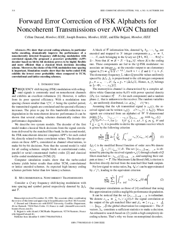 (PDF) Forward error correction of FSK alphabets for noncoherent transmissions over AWGN channel