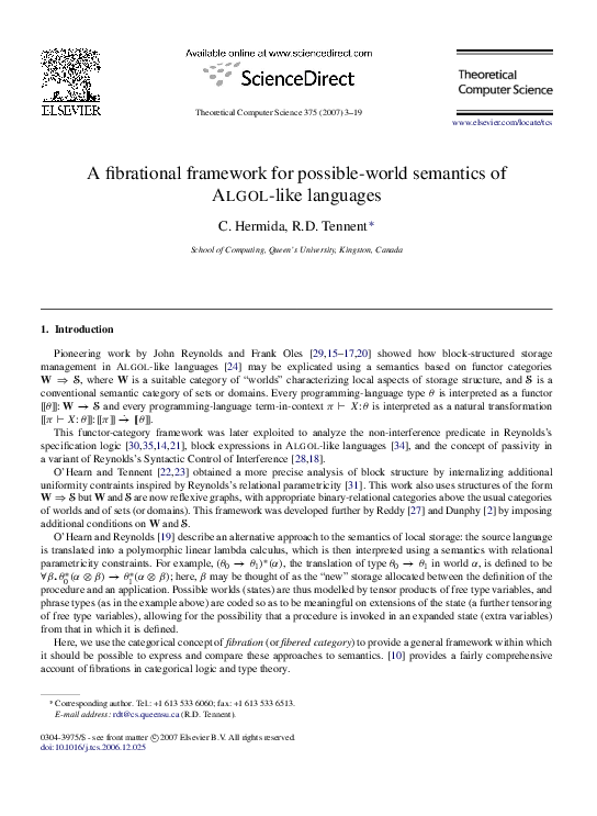 (PDF) A fibrational framework for possible-world semantics of Algol-like languages
