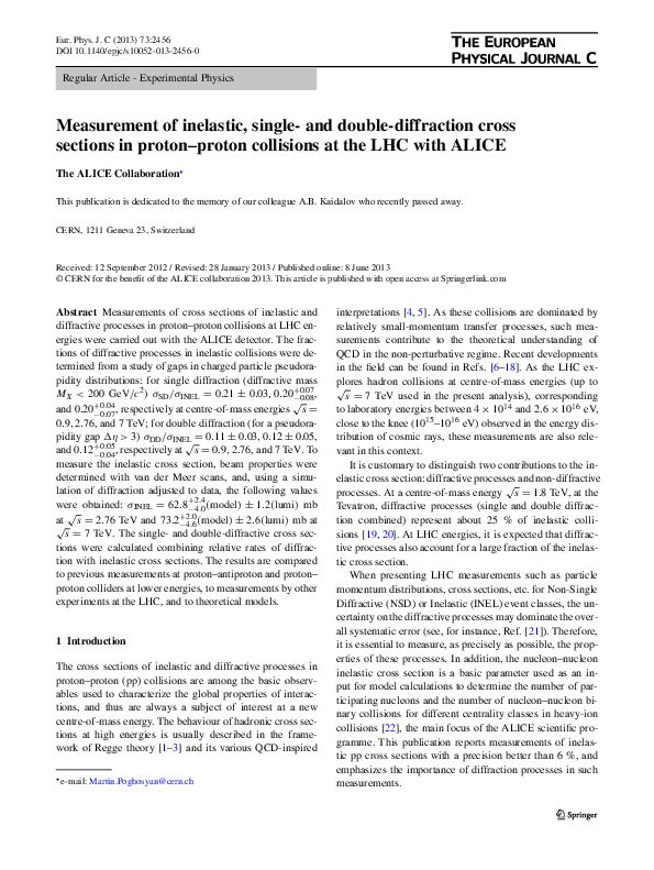 (PDF) Measurement of inelastic, single- and double-diffraction cross sections in proton–proton ...