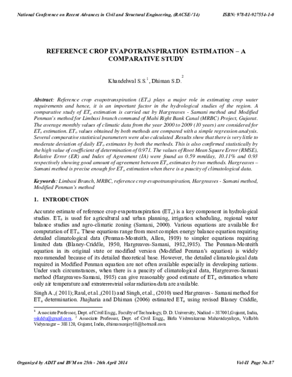(PDF) REFERENCE CROP EVAPOTRANSPIRATION ESTIMATION -A COMPARATIVE STUDY