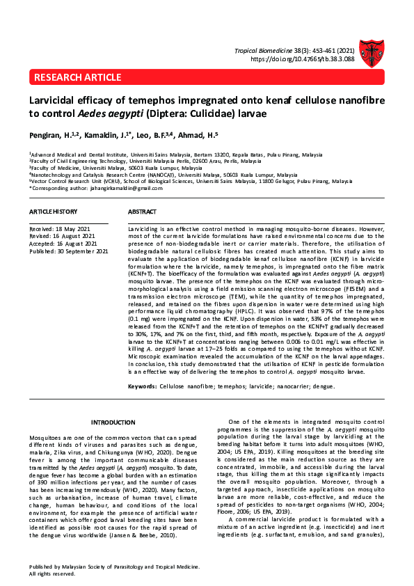 (PDF) Larvicidal efficacy of temephos impregnated onto kenaf cellulose ...