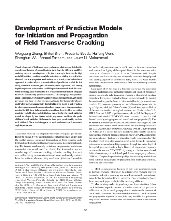 Pdf Development Of Predictive Models For Initiation And Propagation Of Field Transverse Cracking