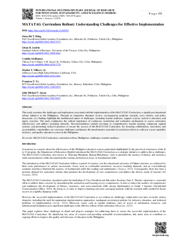 (PDF) MATATAG Curriculum Rollout: Understanding Challenges for Effective Implementation