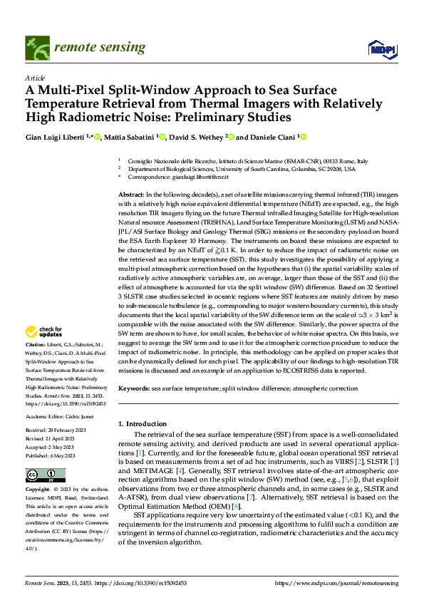 (PDF) A Multi-Pixel Split-Window Approach to Sea Surface Temperature Retrieval from Thermal ...