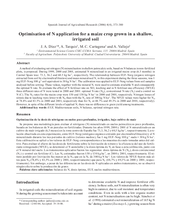 (PDF) Optimization of N application for a maize crop grown in a shallow, irrigated soil