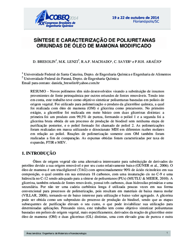 (PDF) Síntese e Caracterização De Poliuretanas Oriundas De Óleo De ...