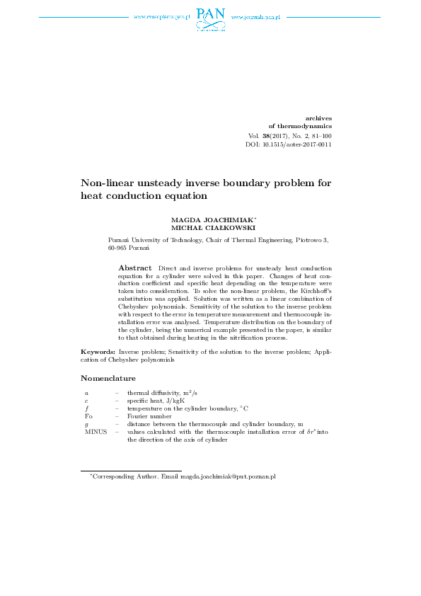 (PDF) Non-linear unsteady inverse boundary problem for heat conduction equation