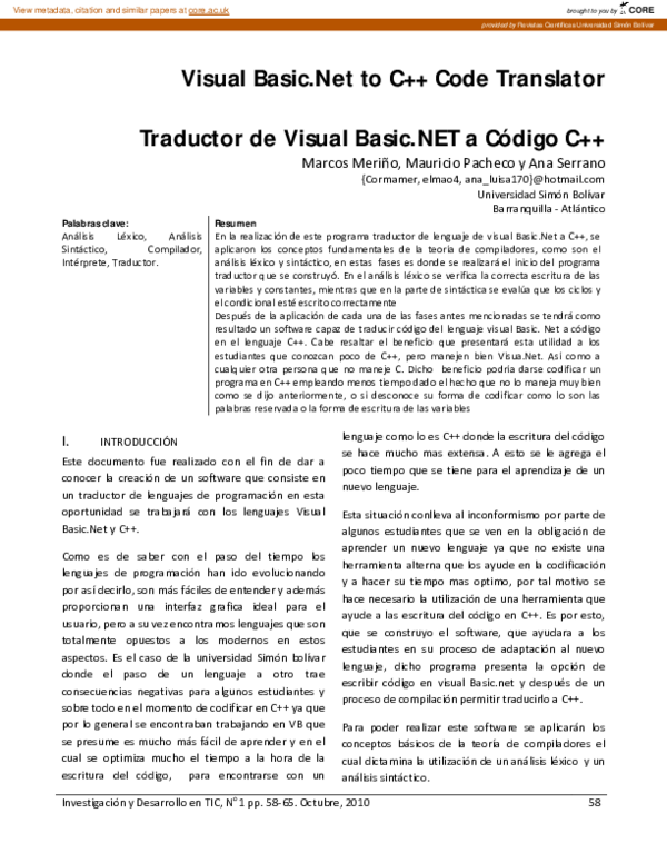 (PDF) Traductor de Visual Basic.NET a Código C