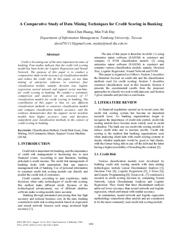 (PDF) A comparative study of data mining techniques for credit scoring in banking