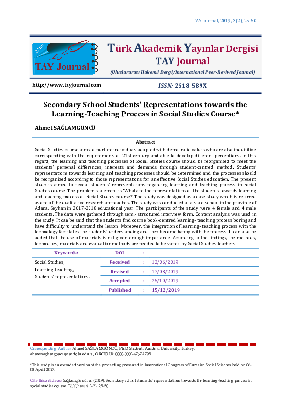 (PDF) Secondary School Students' Representations towards the Learning-Teaching Process in Social ...