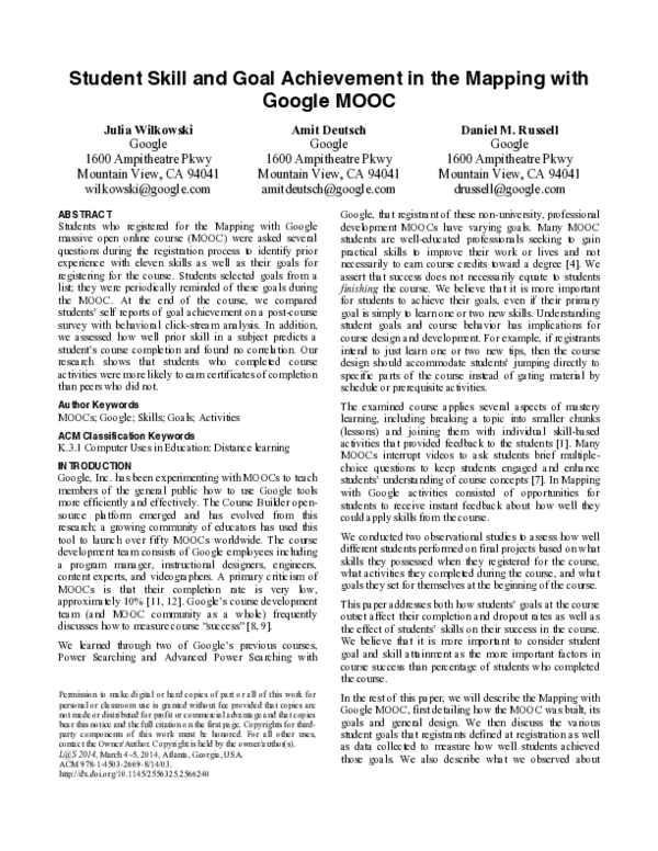 (PDF) Student skill and goal achievement in the mapping with google MOOC