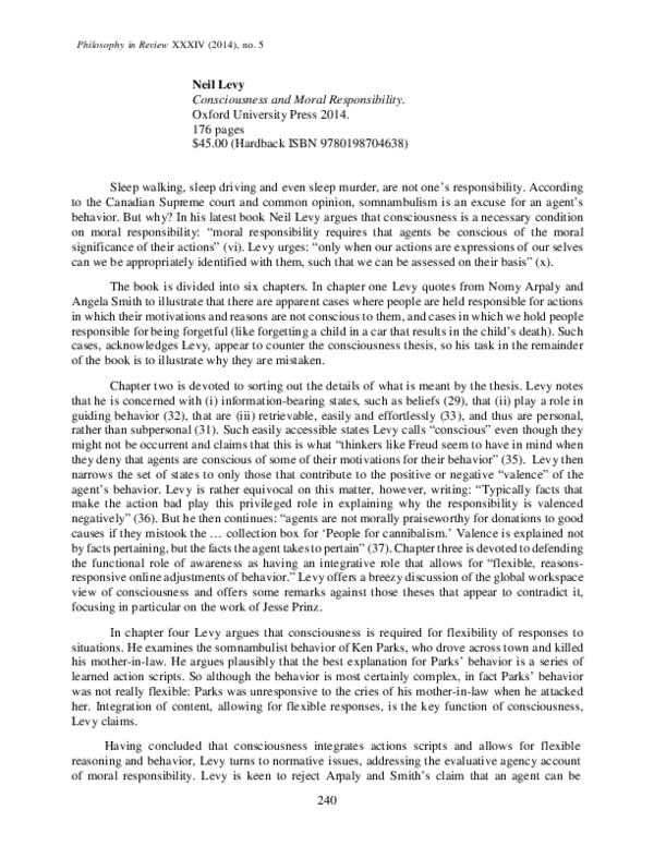 (PDF) Neil Levy , Consciousness and Moral Responsibility . Reviewed by