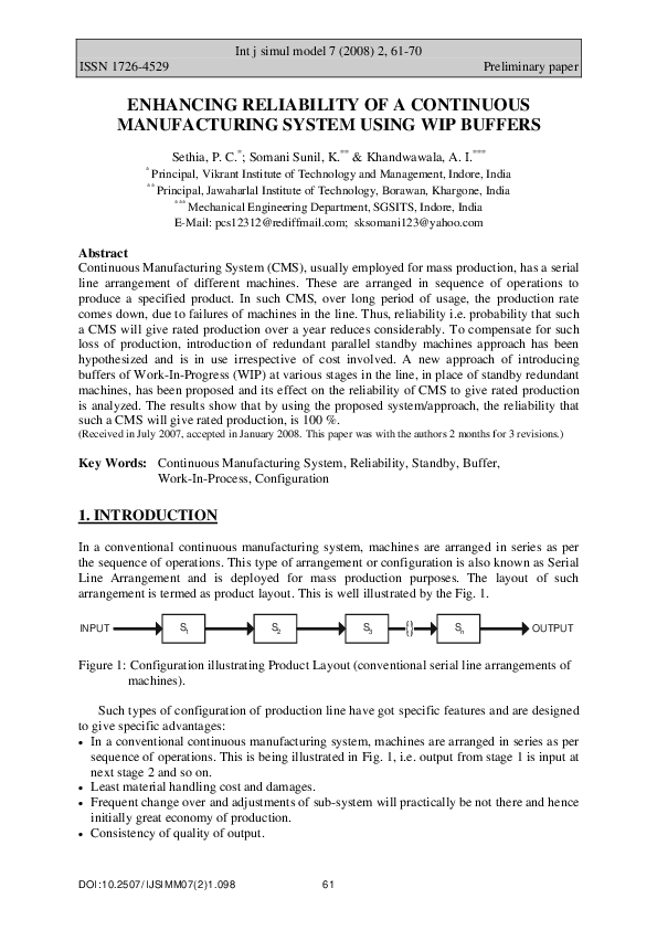 (PDF) Enhancing reliability of a continuous manufacturing system using ...