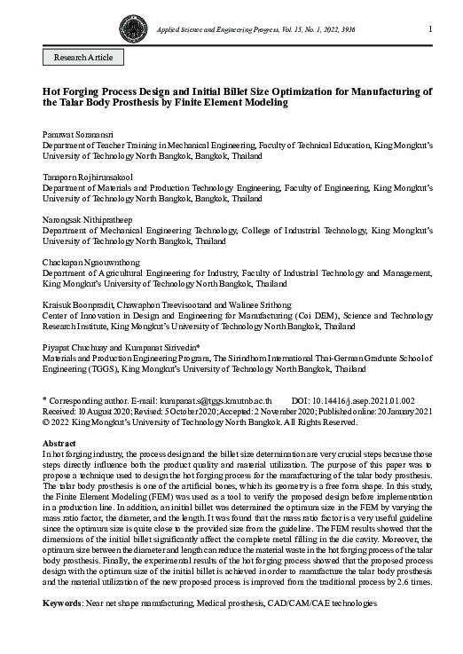 (PDF) Hot Forging Process Design and Initial Billet Size Optimization for Manufacturing of the ...