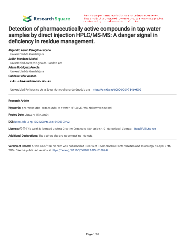 (PDF) Detection of pharmaceutically active compounds in tap water ...