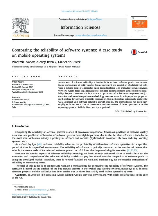 (PDF) Comparing the reliability of software systems: A case study on mobile operating systems