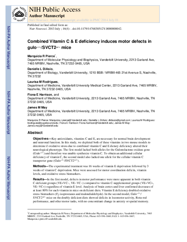 (PDF) Combined vitamin C and E deficiency induces motor defects in gulo ...