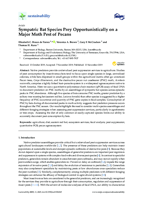 (PDF) Sympatric Bat Species Prey Opportunistically on a Major Moth Pest ...