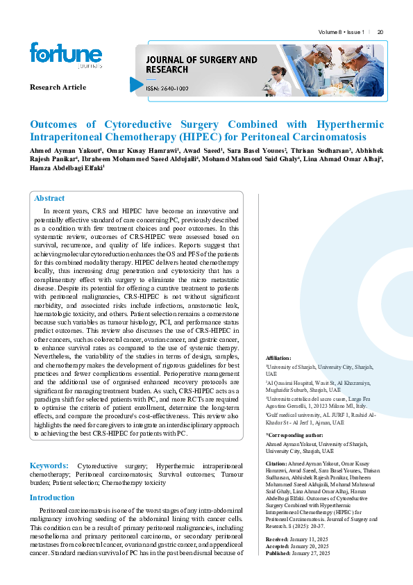 (PDF) Outcomes of Cytoreductive Surgery Combined with Hyperthermic ...
