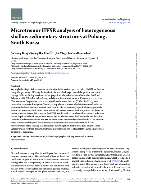(PDF) Microtremor HVSR analysis of heterogeneous shallow sedimentary structures at Pohang, South ...