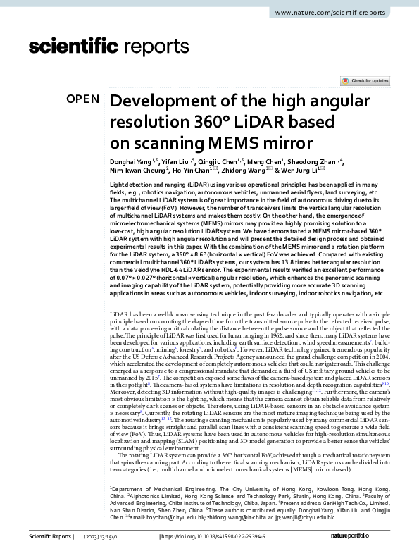 (PDF) Development of the high angular resolution 360° LiDAR based on scanning MEMS mirror