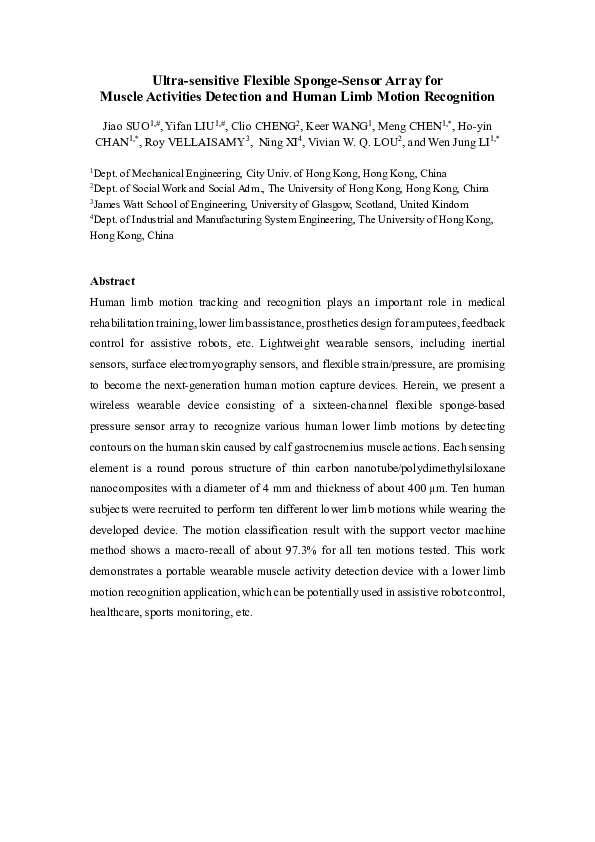 Pdf Ultra Sensitive Flexible Sponge Sensor Array For Muscle Activities Detection And Human