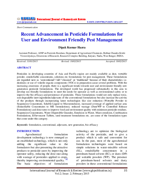 (PDF) Recent Advancement in Pesticide Formulations for User and Environment Friendly Pest Management
