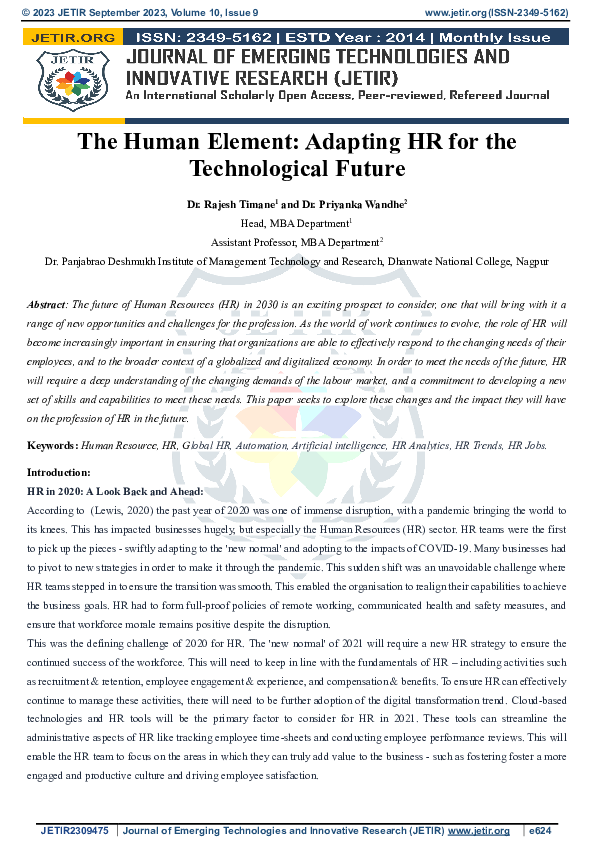 (PDF) The Human Element: Adapting HR for the Technological Future