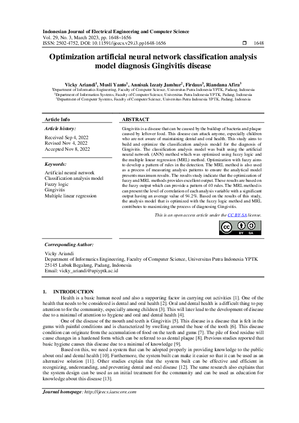 (PDF) Optimization artificial neural network classification analysis model diagnosis Gingivitis ...