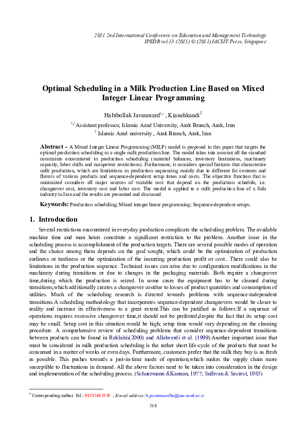 (PDF) Optimal Scheduling in a Milk Production Line Based on Mixed Integer Linear Programming