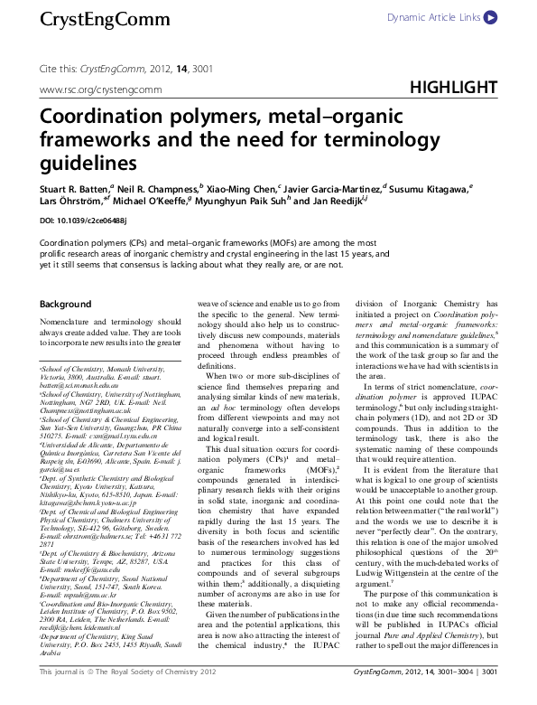 (PDF) Coordination polymers, metal–organic frameworks and the need for terminology guidelines